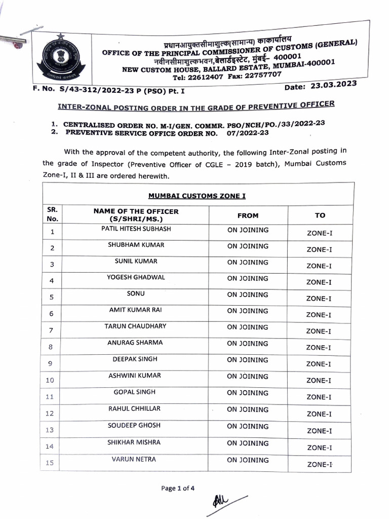 Inter-Zonal Posting Order of Preventive Officers - CGLE 2019 | PDF