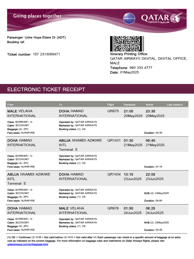 Qatar Airways Itinerary for Uche Ebere Dr | PDF | Payments