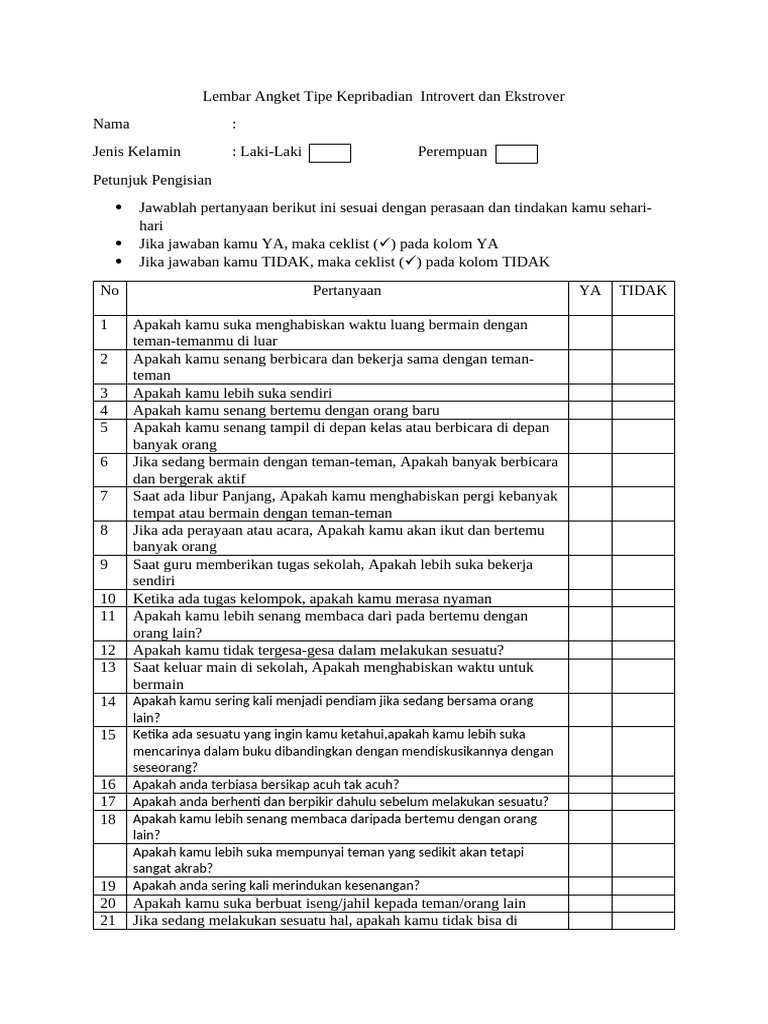 Lembar Angket Tipe Kepribadian Introvert Dan Ekstrover | PDF