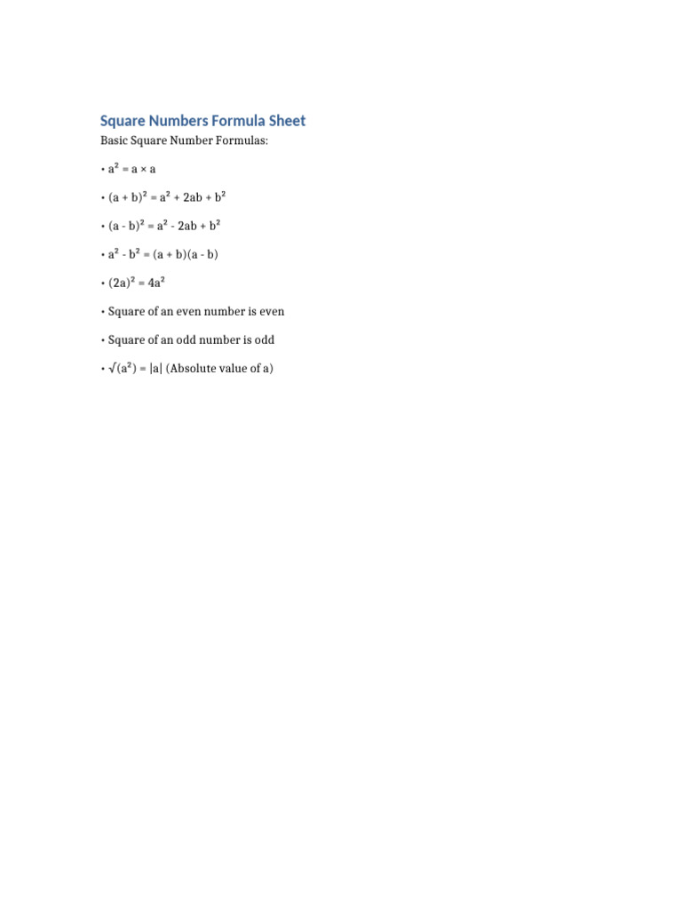Square Numbers Formula Sheet | PDF