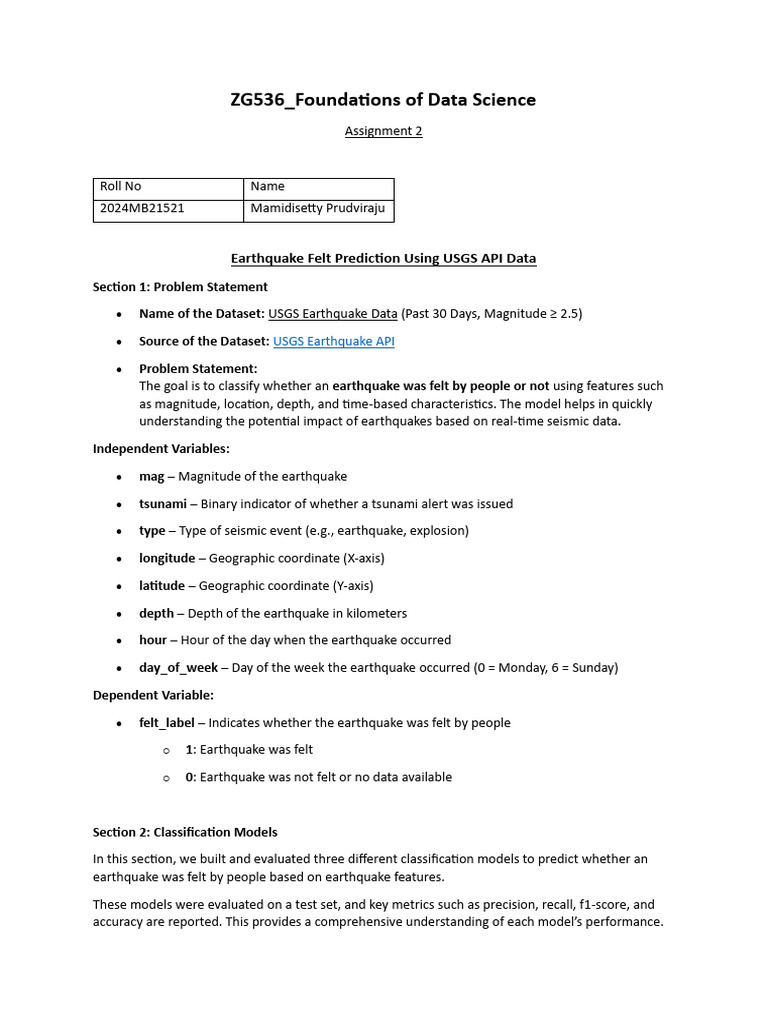 FDS Assignment 2 - 2024MB21521 | PDF | Statistical Classification | Earthquakes