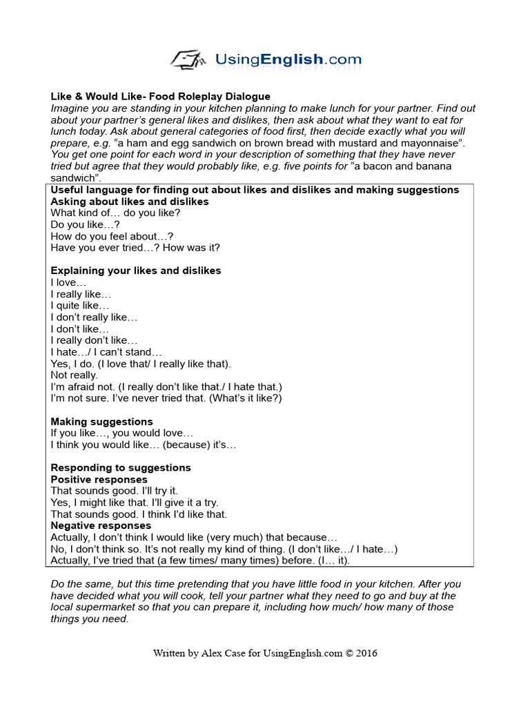 Like Would Like Food Roleplay Dialogue | PDF | Indian Cuisine | Cooking