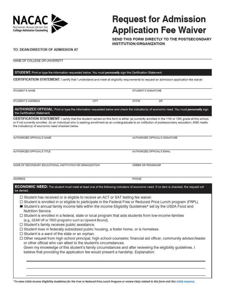 Admission Fee Waiver Request Form | PDF | Students | The United States