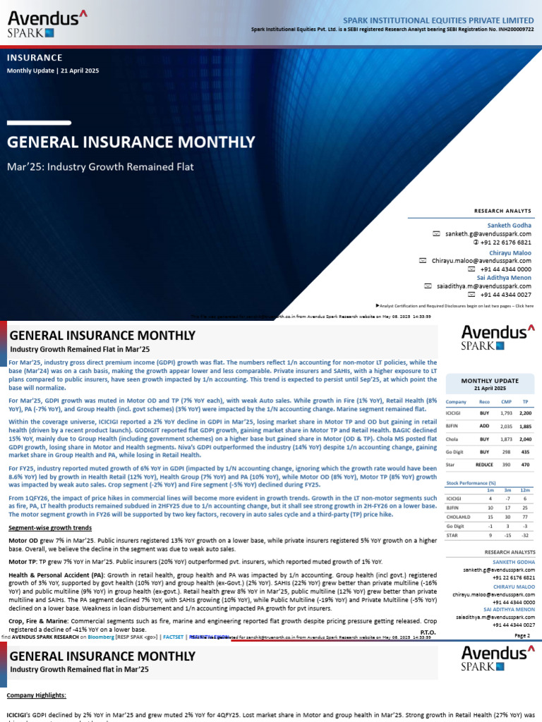 Avendus Spark General Insurance Monthly - Apr 25 | PDF | Insurance ...