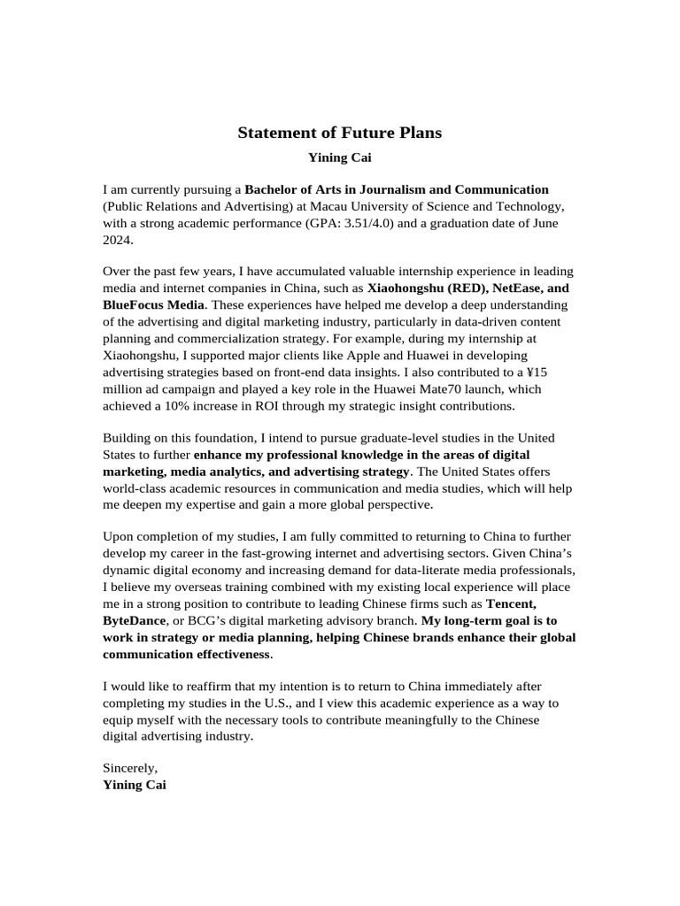 Statement of Future Plans | PDF