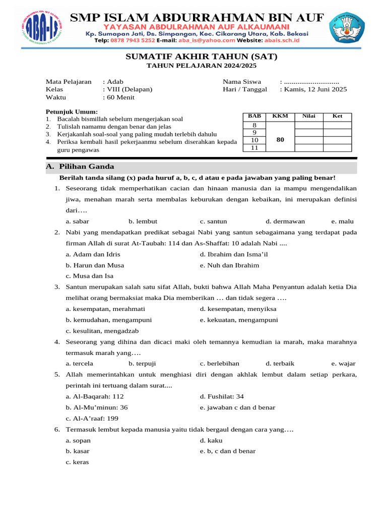 Soal Sat Adab Kelas Viii | PDF