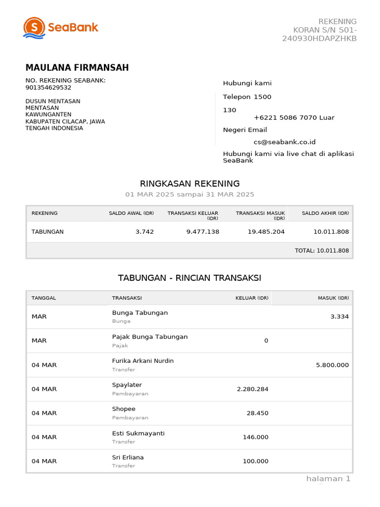 Seabank Statement 20250301 20250331 | PDF