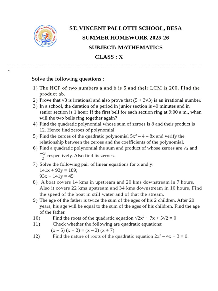 Summer Hw 2025-26-Class X- Math | PDF | Polynomial | Zero Of A Function