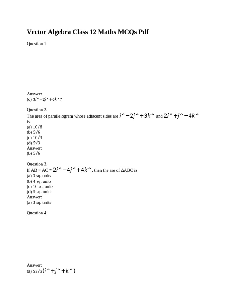 Class 12 Vector Algebra MCQs | PDF | Euclidean Vector | Angle