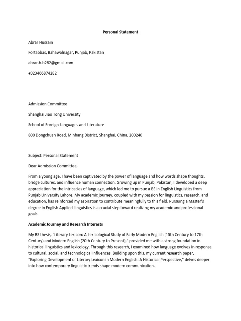 Personal Statement and Study Plan | PDF | Linguistics | Mentorship