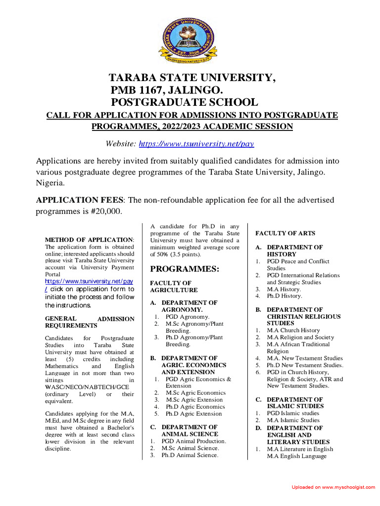 Taraba State University TASU Postgraduate Admission Form For 2022 2023 ...
