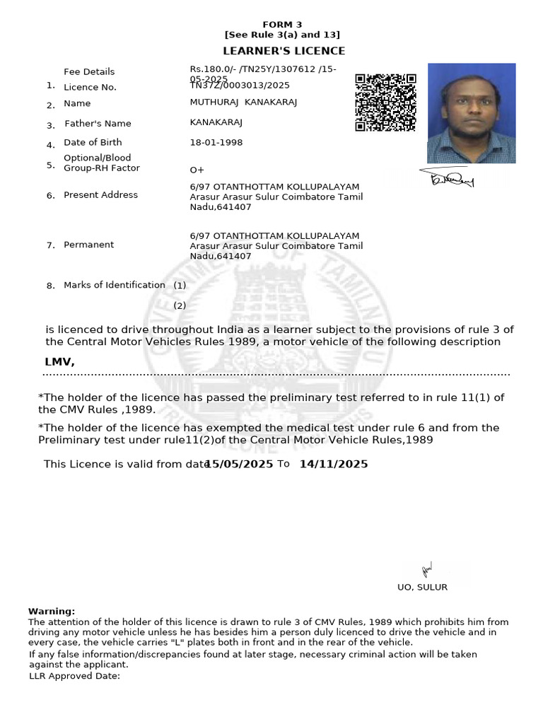 Learner'S Licence: Form 3 (See Rule 3 (A) and 13) | PDF