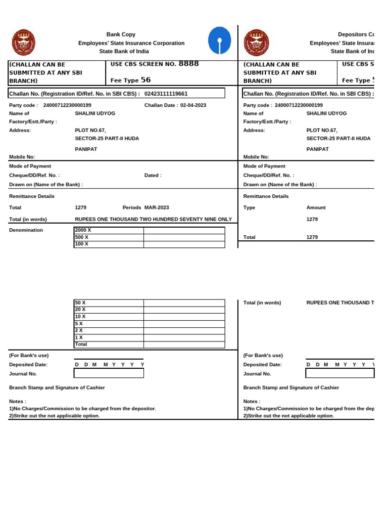 Shalini Udyog Esi Challan Mar-2023 | PDF | Banks | Cheque