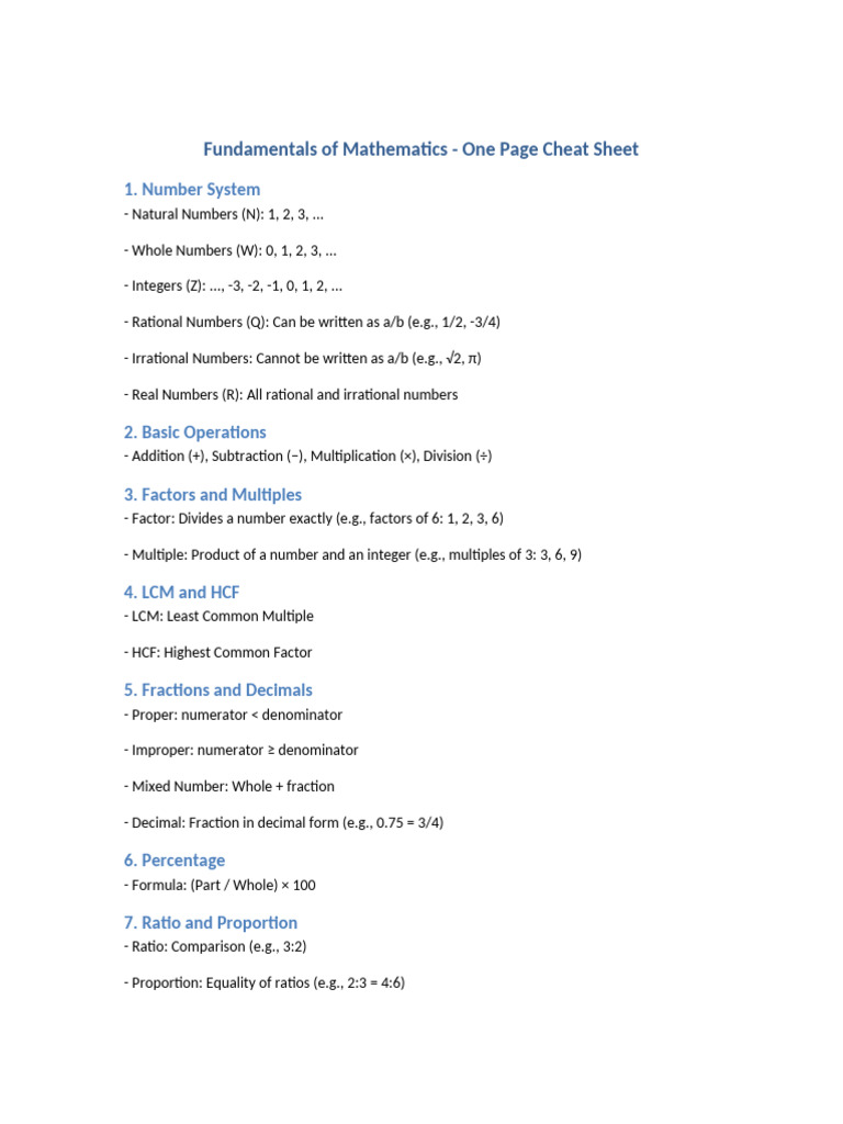 Fundamentals of Mathematics Cheat Sheet | PDF