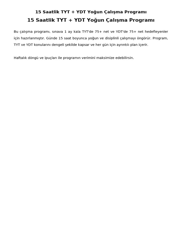 15 Saatlik Tyt Ydt Calisma Programi | PDF