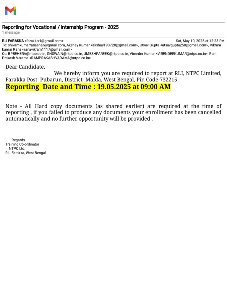 Gmail - Reporting For Vocational - Internship Program - 2025 | PDF