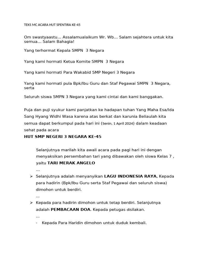 Skrip MC Formal HUT SMPN 3 Negara | PDF