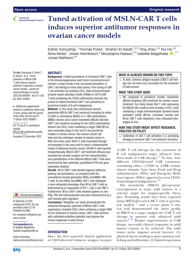 Tuned Activation of MSLN-CAR T Cells Induces Superior Antitumor | PDF ...