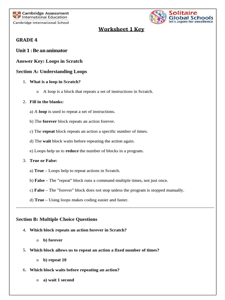 Worksheet 1 Key: Grade 4 Unit 1: Be An Animator | PDF