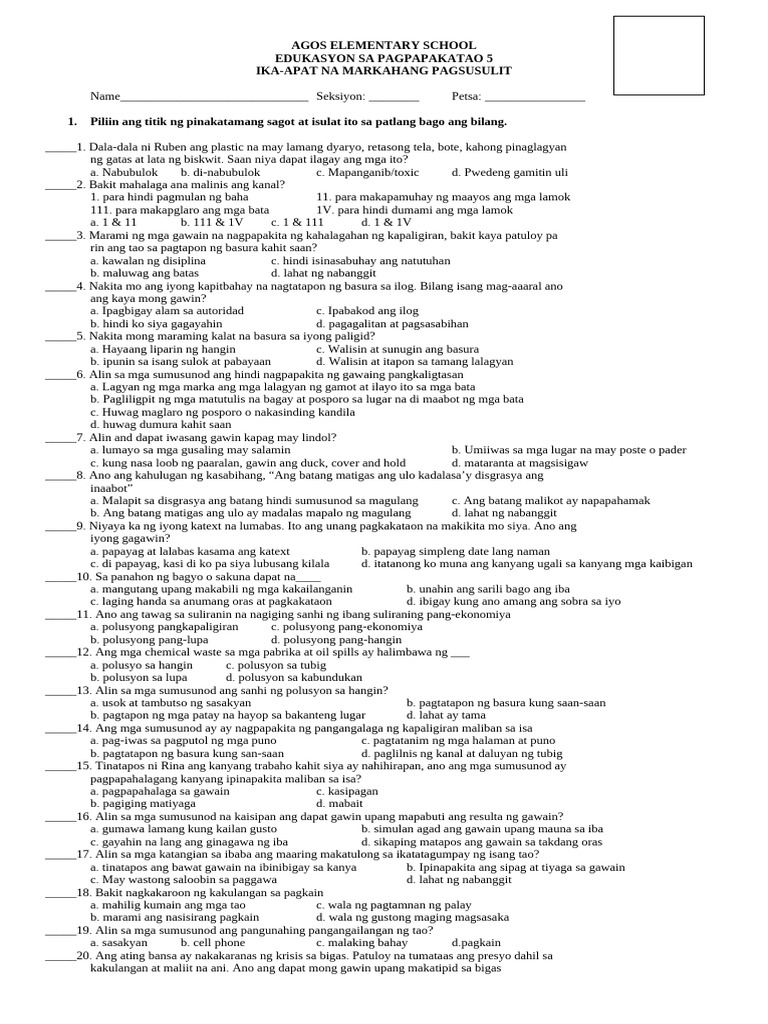 ESP 5 PT 4th Grading | PDF