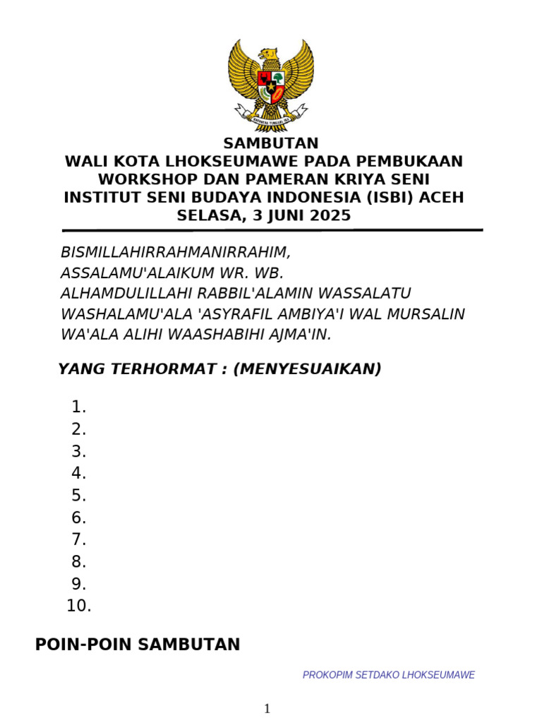 Sambutan Wali Kota Pada Pembukaan Workshop Dan Pameran Isbi Aceh | PDF