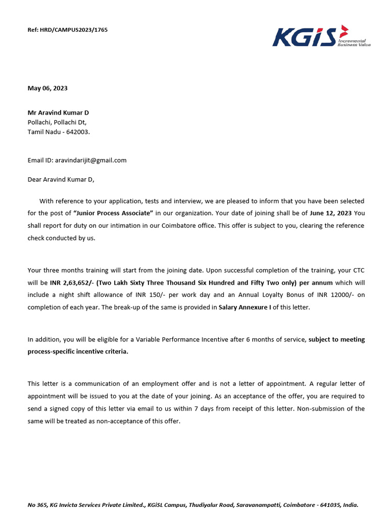 Offer Letter - KGiS - Junior Process Associate - Aravind Kumar D | PDF ...