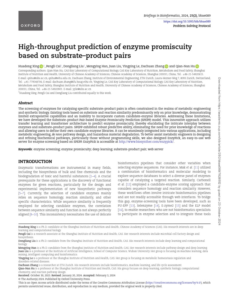 High-Throughput Prediction of Enzyme Promiscuity Based On Substrate-Product Pairs | PDF ...