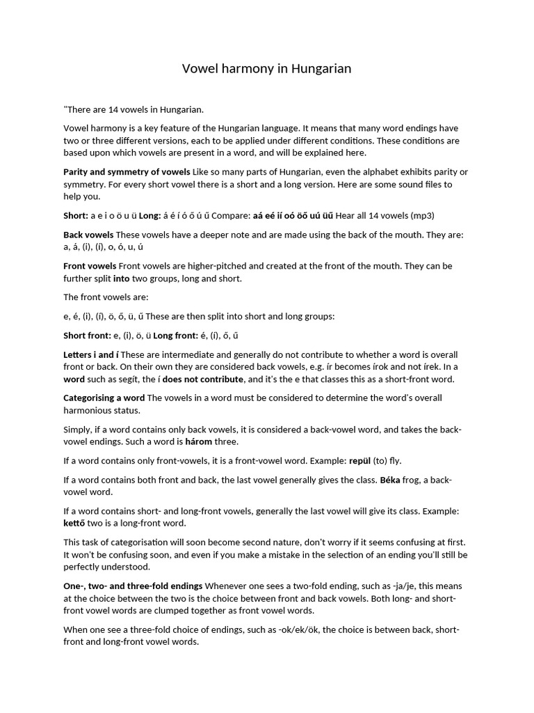 Vowel Harmony in The Hungarian Language | PDF | Languages Of Europe ...