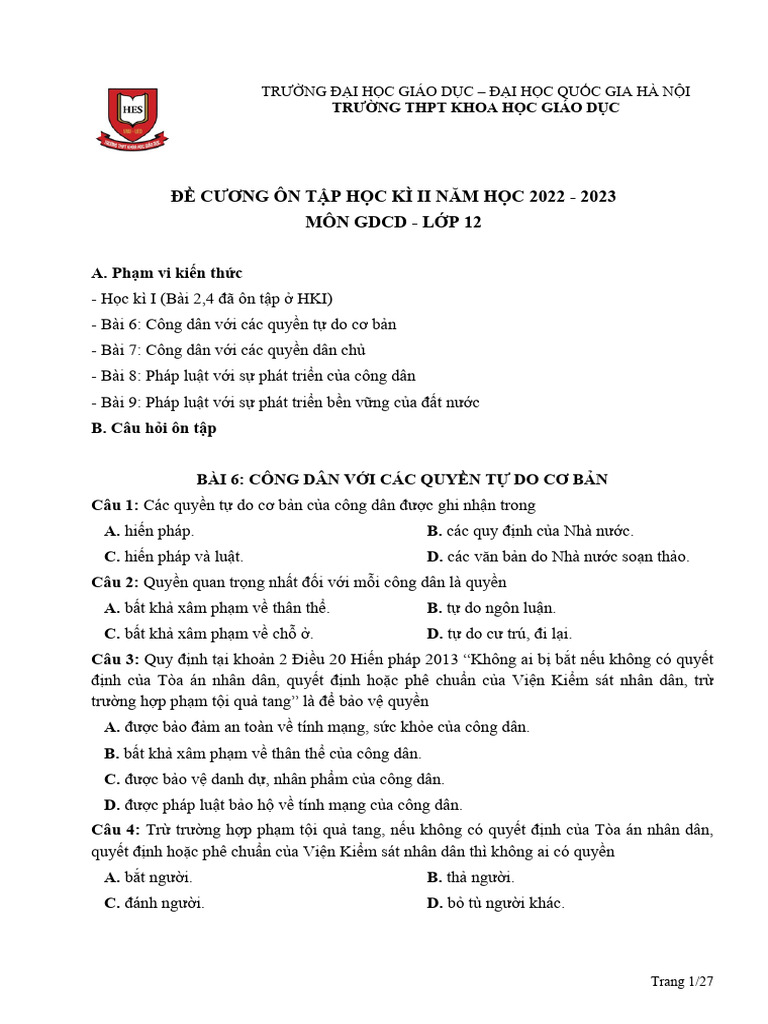 Gdcd 12 - đề Cương Hkii | PDF