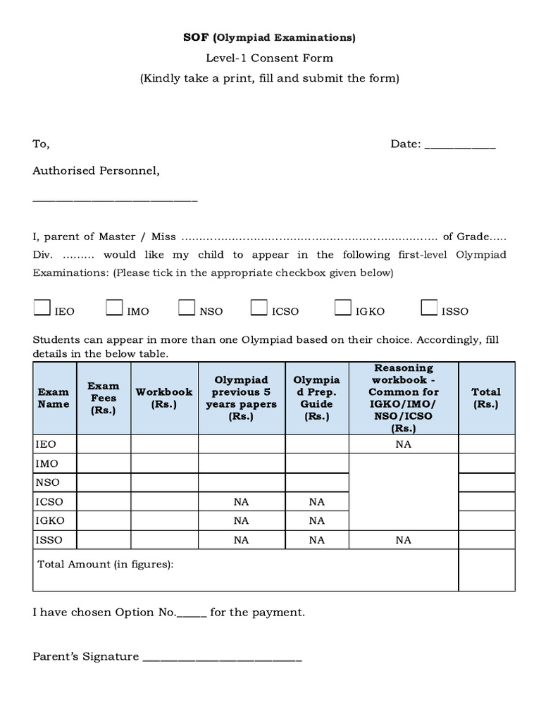 SOF Olympiad Consent Form 2025-26 | PDF