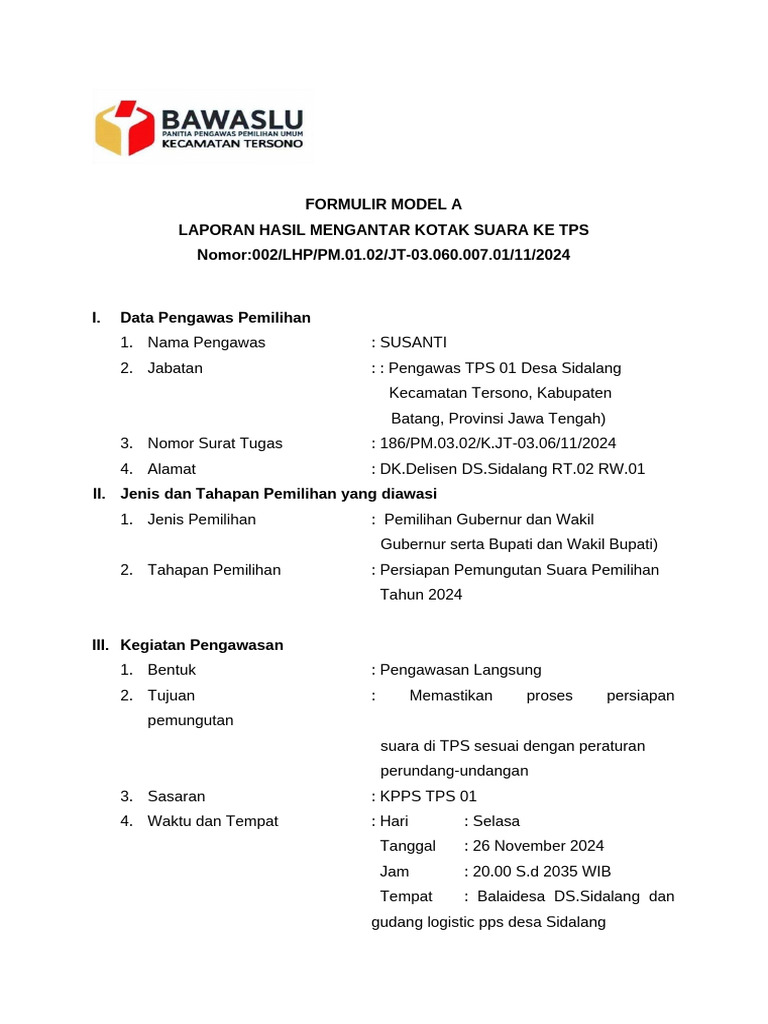 Form A Ptps-Pengantaran Kotak Suara Ke Tps - Tps 01 Sidalang | PDF