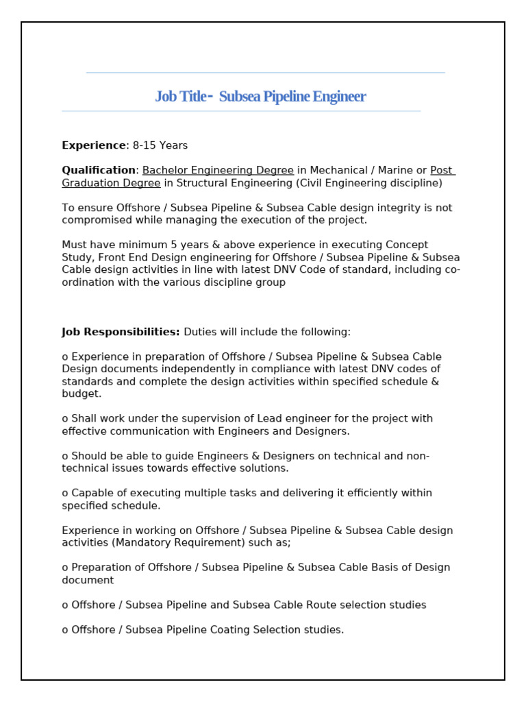 Subsea Pipeline Engineer JD | PDF | Engineering