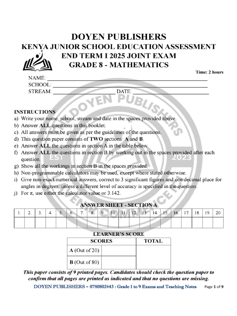 Grade 8 Mathematics End Term 1 2025 Exam | PDF