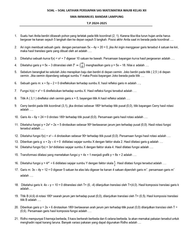 Soal Latihan Persiapan Sas Matematika Wajib Kelas Xii T.P 2024-2025 | PDF