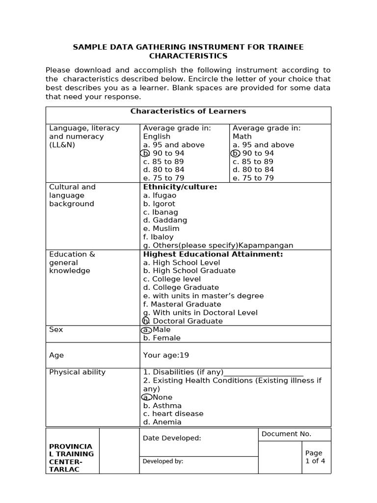 Sample Data Gathering Instrument For Trainee 1 | PDF | Learning ...