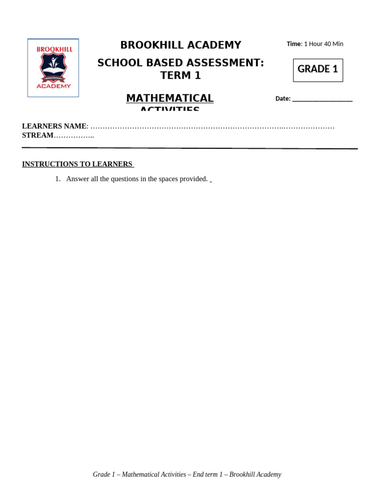 Grade 1 Math Assessment - Term 1 | PDF