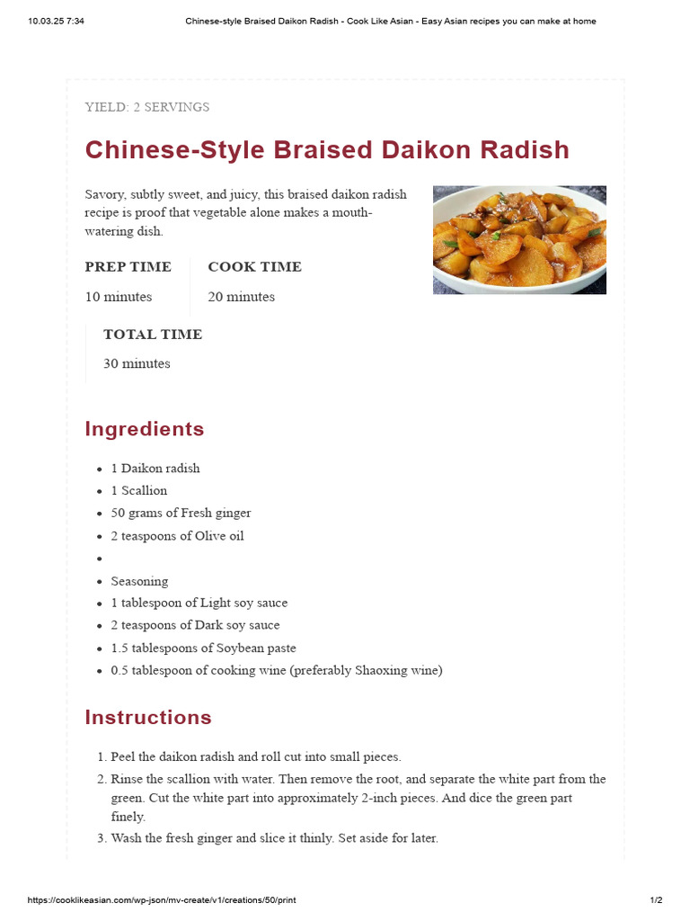 Braised Chinese Daikon Radish Recipe | PDF | Cooking | Soybean