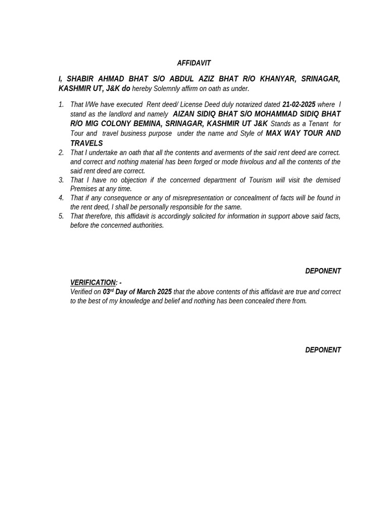 2025 New Tourism Supporting Affidavit | PDF | Affidavit | Private Law