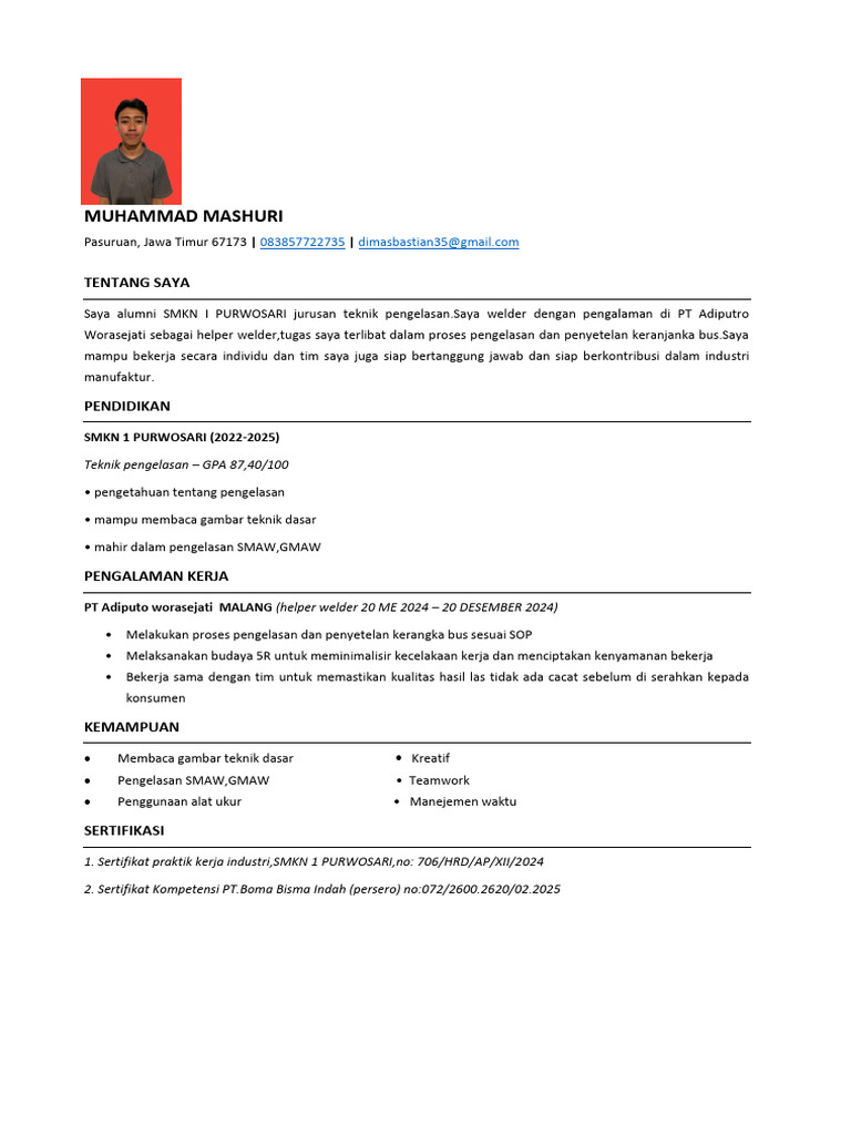 CV Welder Muhammad Mashuri | PDF