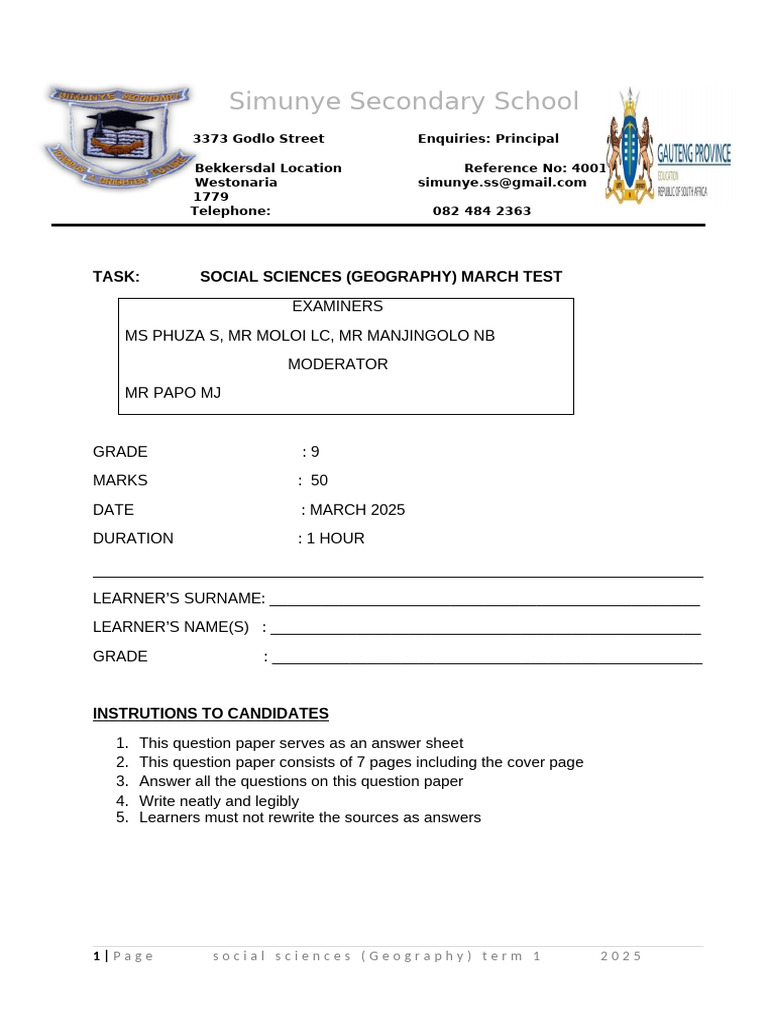 Grade 9 Geography Term 1 Exam 2025 | PDF | Contour Line | Map