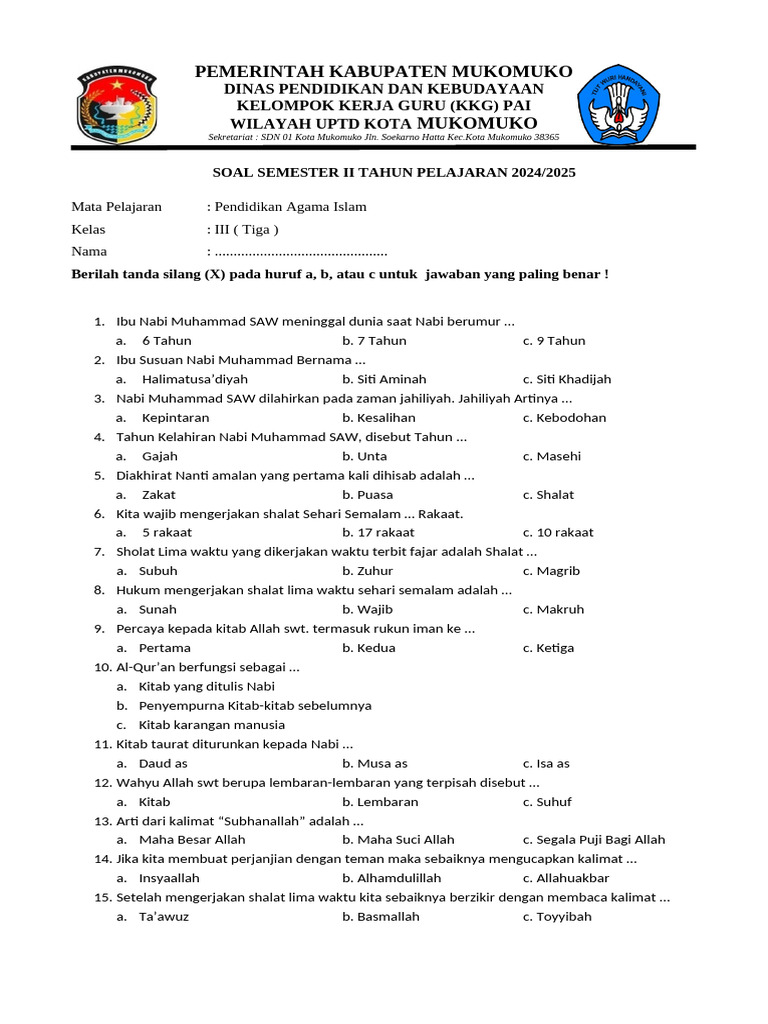 Soal Pai Kelas 3 Semester II Tahun 2025 | PDF