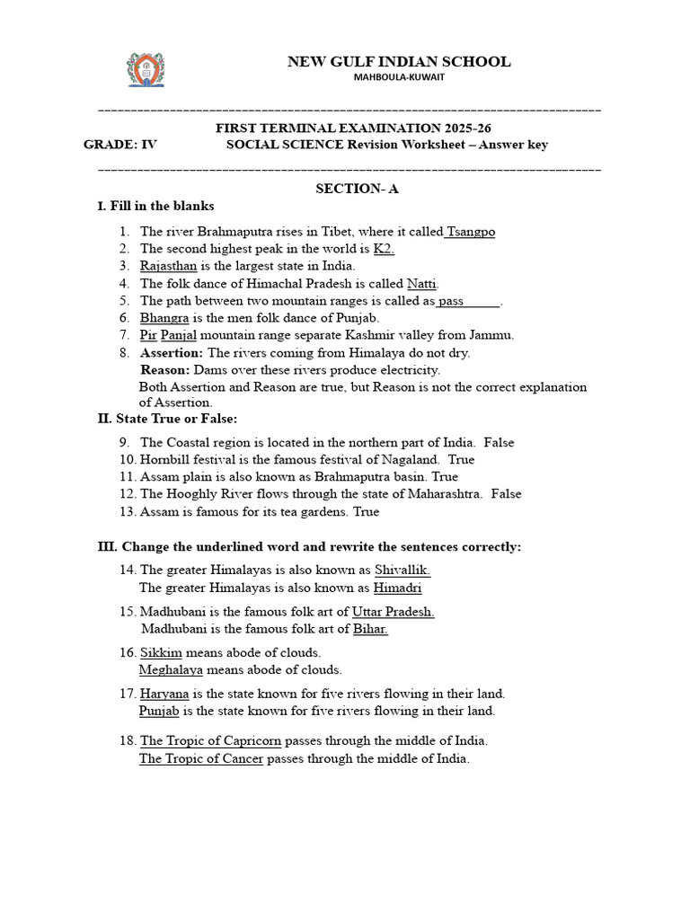 Grade 4 First Terminal Examination SST Work Sheet Answer Key | PDF ...