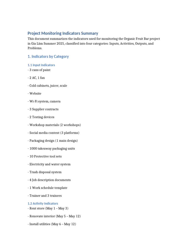 Project Monitoring Indicators Summary | PDF