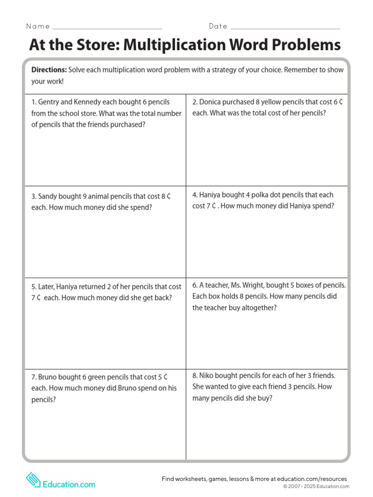 Store Multiplication Word Problems | PDF