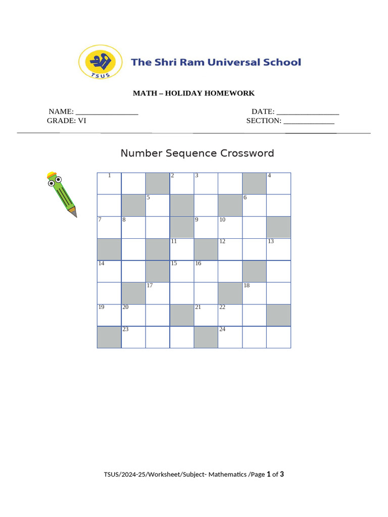 VI Grade Math Holiday Homework Worksheet | PDF