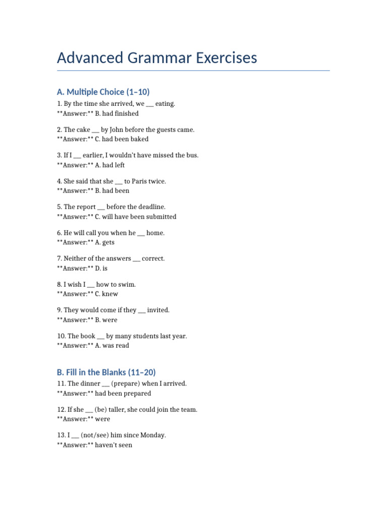 Advanced Grammar Exercises With Answers | PDF