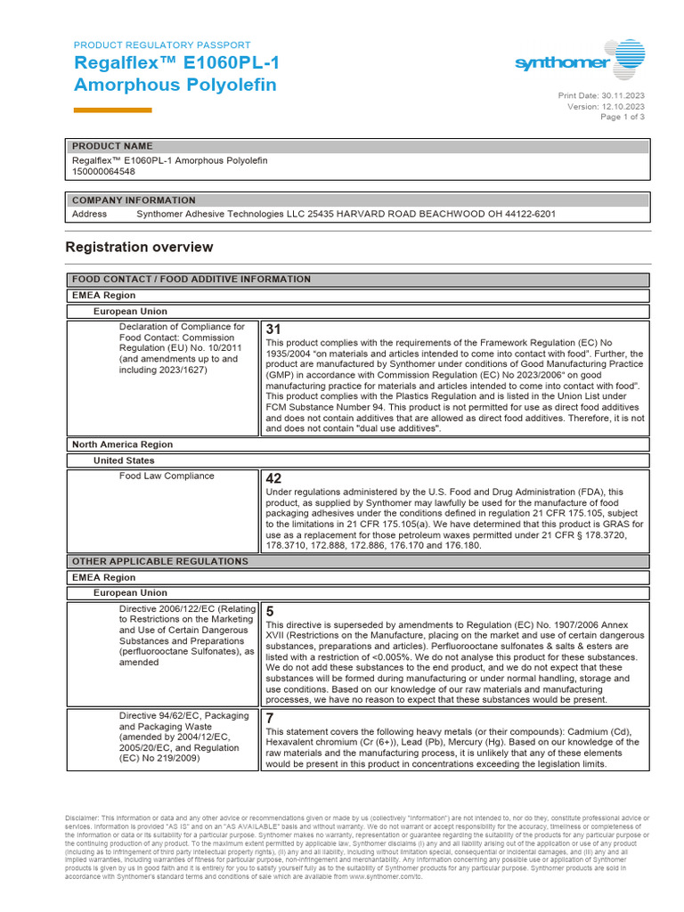 PRP - Regalflex E1060PL-1 Amorphous Polyolefin-PRP | PDF