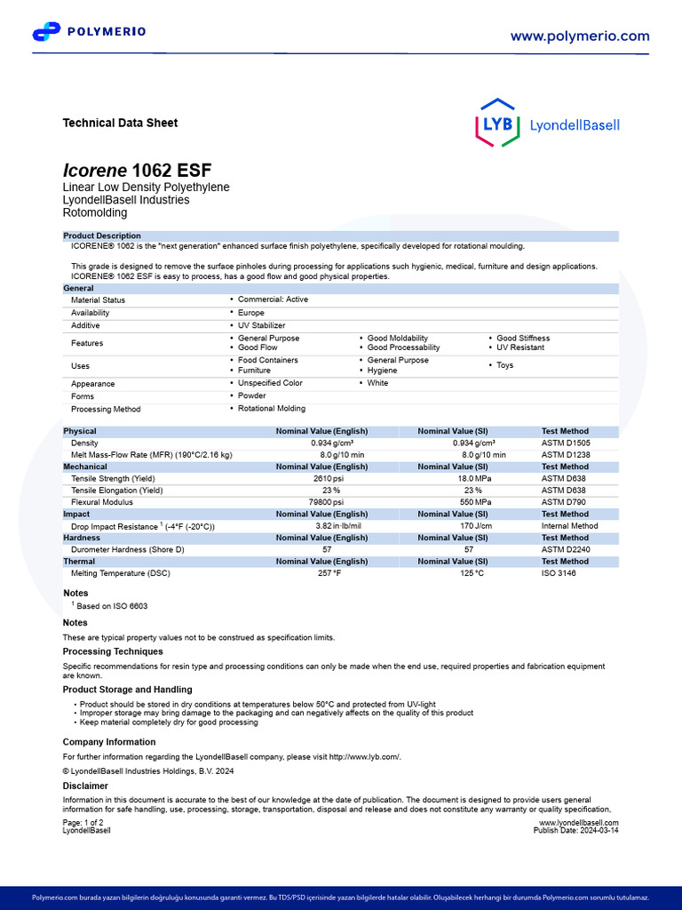 Lldpe - Lyondellbasell - Icorene 1062 Esf - Polymerio | PDF | Yield (Engineering ...