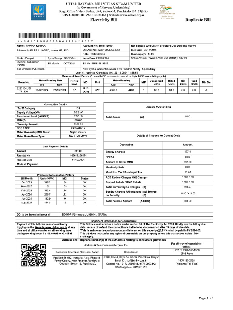 Haryana Electricity Bill | PDF