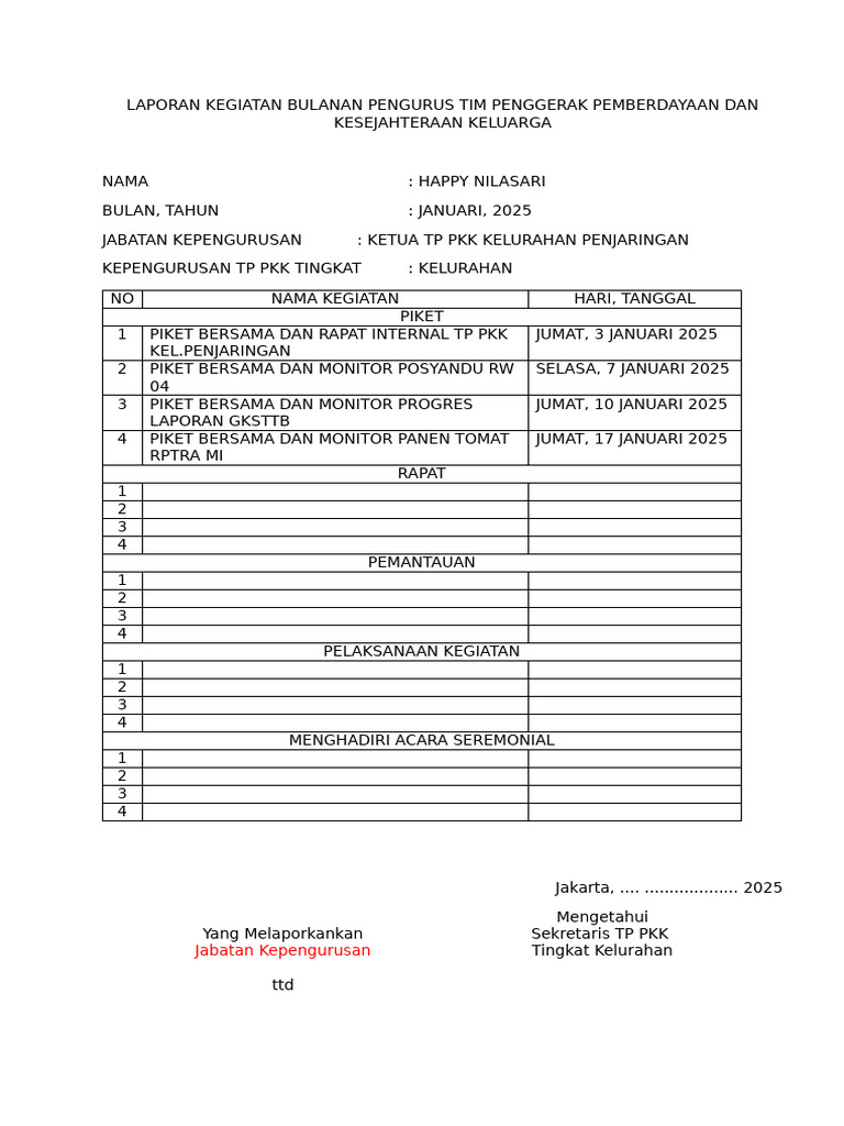Format Laporan Bulanan Pkk 2025 | PDF